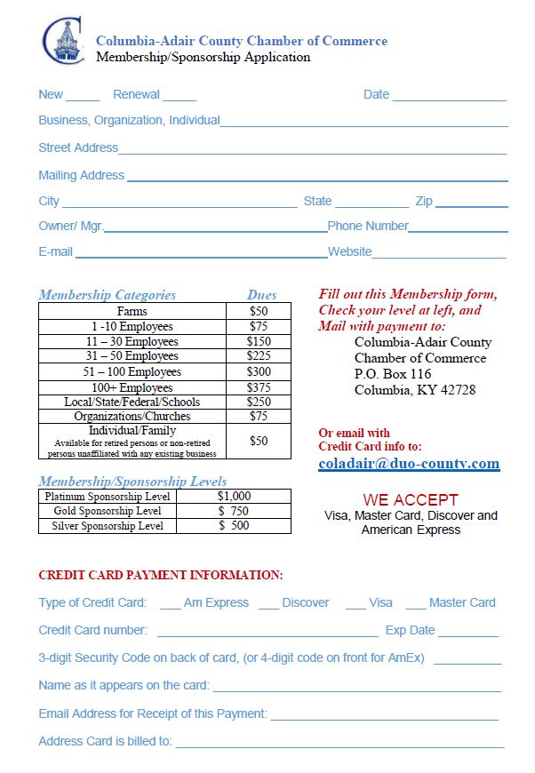 CHAMBER MEMBERSHIP FORM | Columbia-Adair County Chamber of Commerce